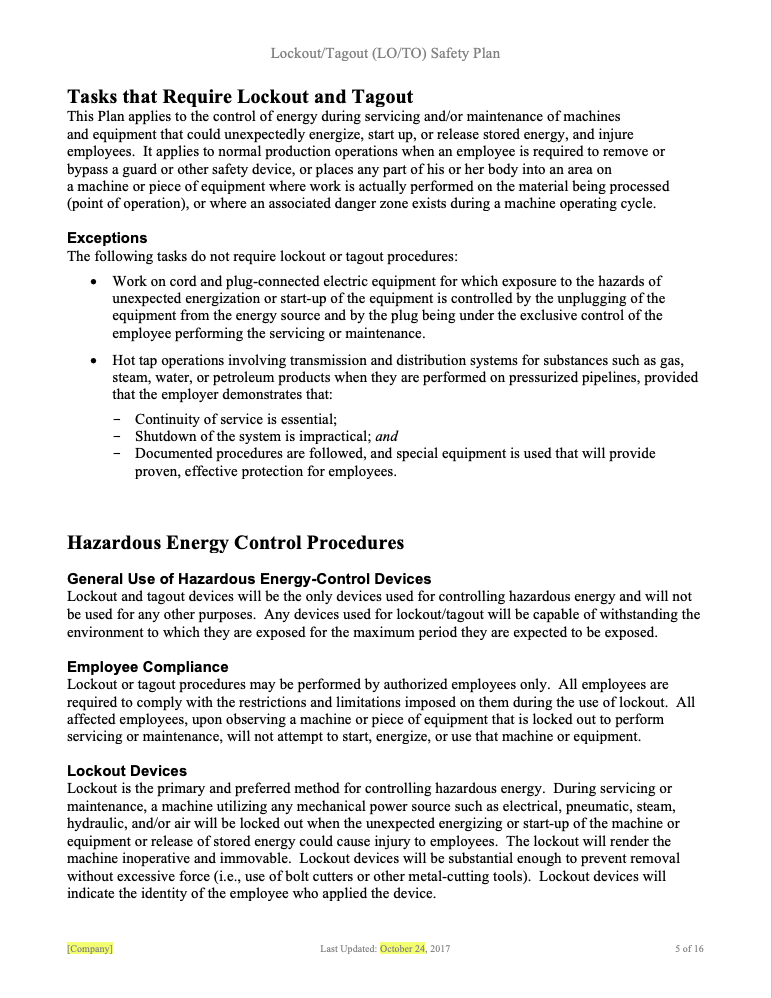 Lockout / Tagout Program - Template